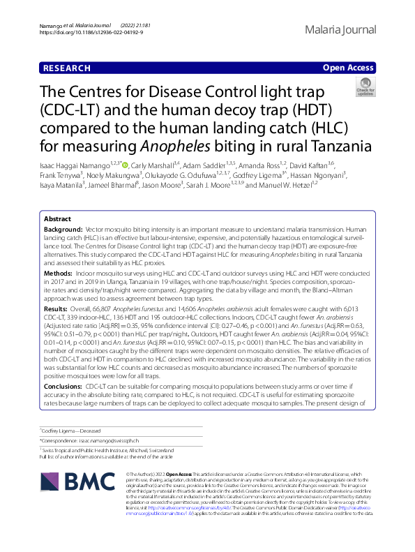(PDF) The Centres for Disease Control light trap (CDC-LT) and the human ...