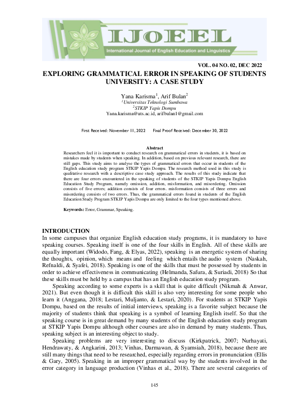 (PDF) Exploring Grammatical Error in Speaking of Students University: A Case Study