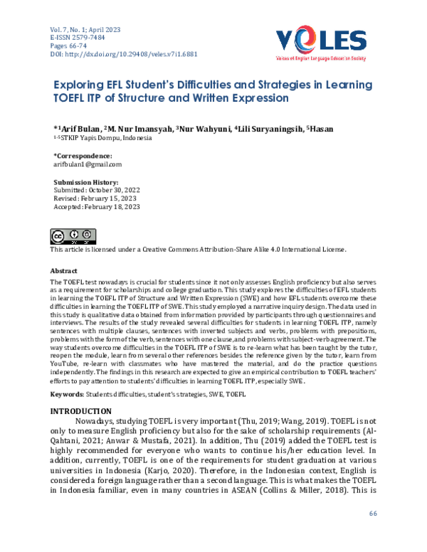 (PDF) Exploring EFL Students Difficulties and Strategies in Learning ...