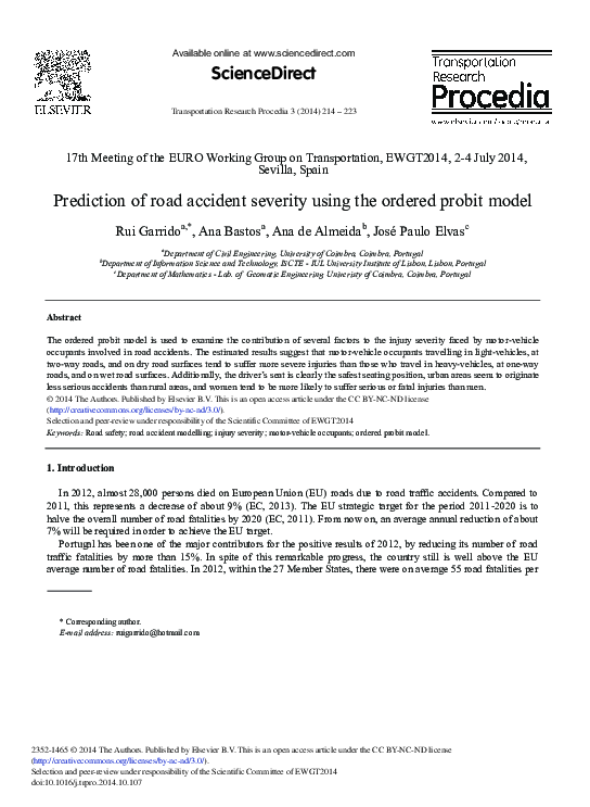 (PDF) Prediction of Road Accident Severity Using the Ordered Probit Model | Ana de Almeida ...