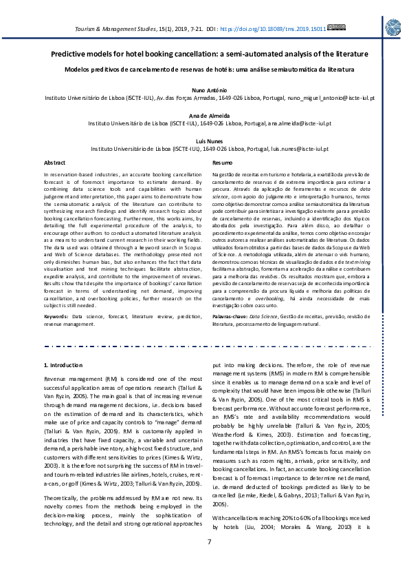(PDF) Predictive models for hotel booking cancellation: a semi-automated analysis of the literature