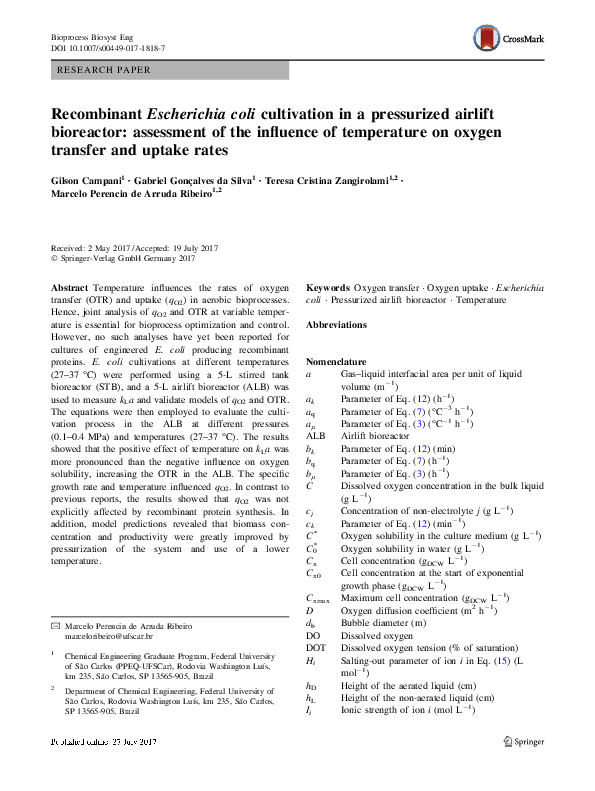 (PDF) Recombinant Escherichia coli cultivation in a pressurized airlift bioreactor: assessment ...