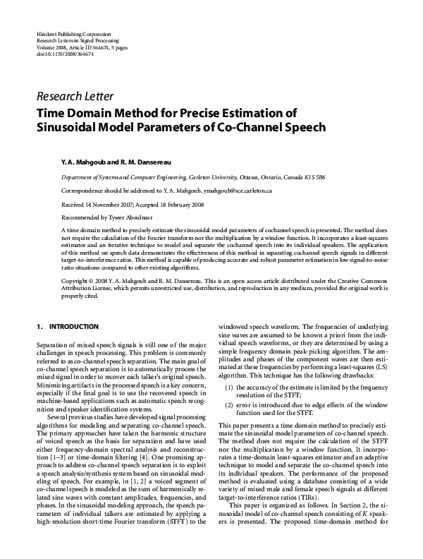 (PDF) Time Domain Method for Precise Estimation of Sinusoidal Model Parameters of Co-Channel ...