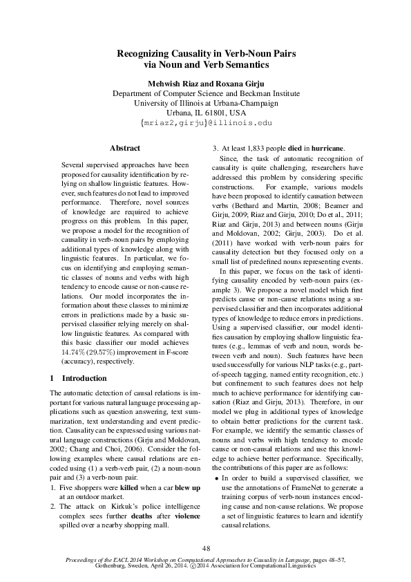 (PDF) Recognizing Causality in Verb-Noun Pairs via Noun and Verb Semantics | Mehwish Riaz ...