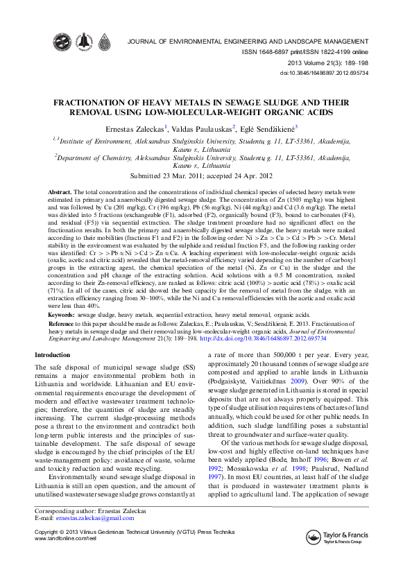 (PDF) Fractionation of heavy metals in sewage sludge and their removal using low-molecular ...