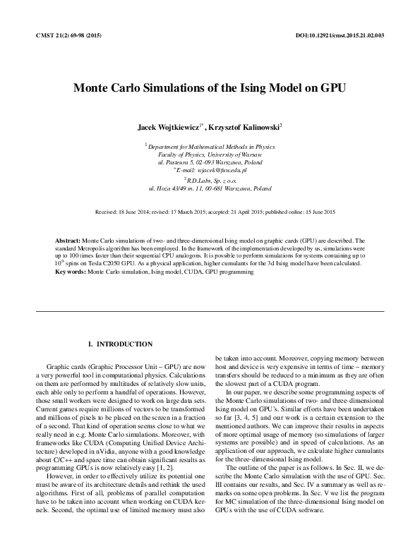 (PDF) Monte Carlo Simulations of the Ising Model on GPU