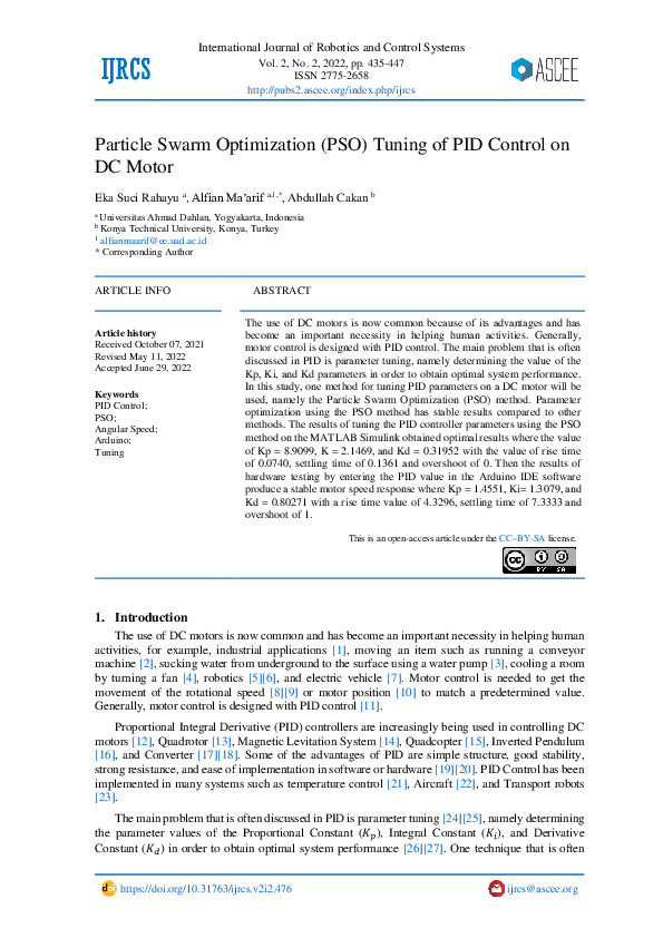 (PDF) Particle Swarm Optimization (PSO) Tuning of PID Control on DC Motor