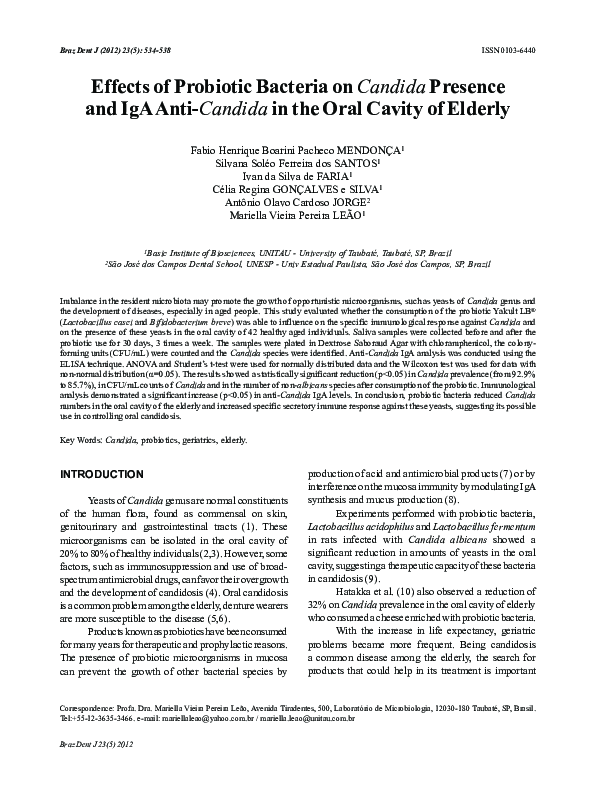 (PDF) Effects of probiotic bacteria on Candida presence and IgA anti ...
