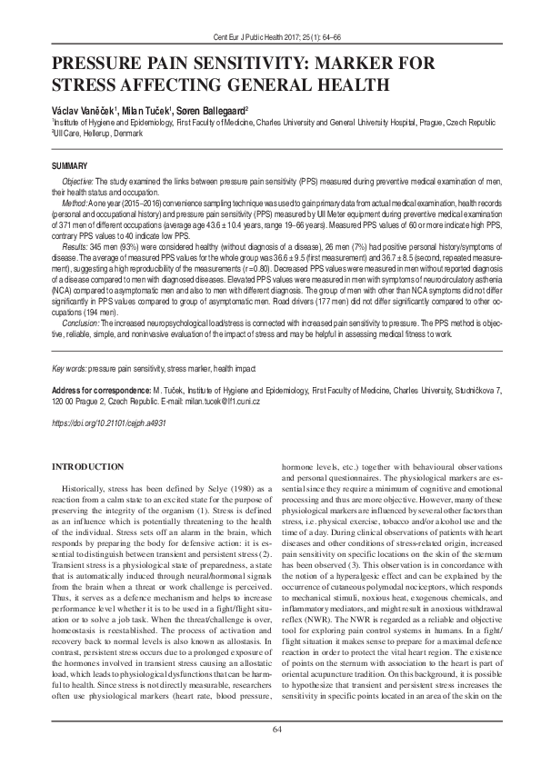 (PDF) Pressure Pain Sensitivity: Marker for Stress Affecting General Health