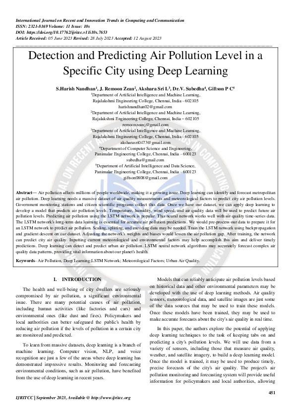 (PDF) Detection and Predicting Air Pollution Level in a Specific City using Deep Learning
