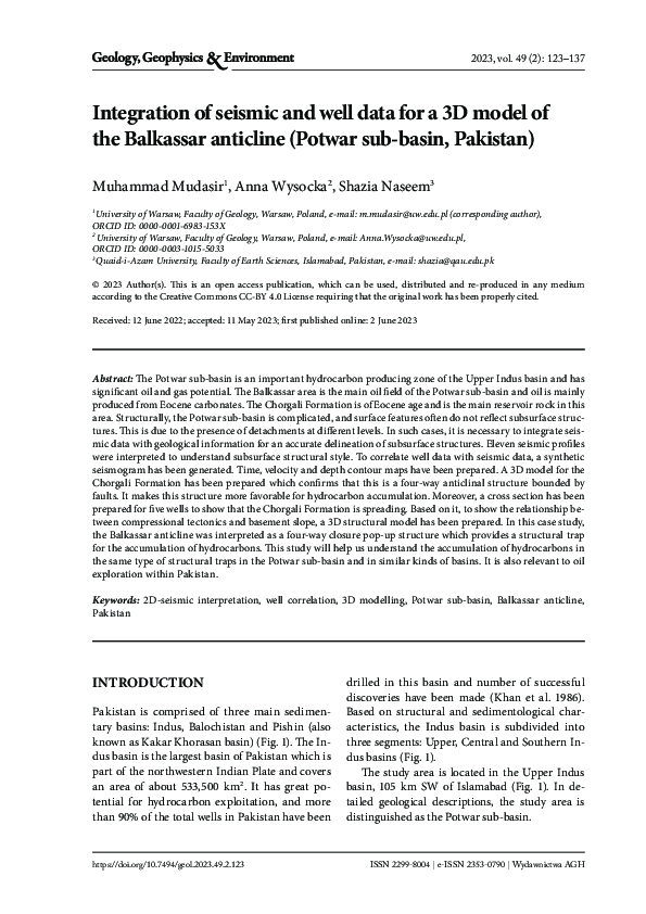 (PDF) Integration of seismic and well data for a 3D model of the Balkassar anticline (Potwar sub ...