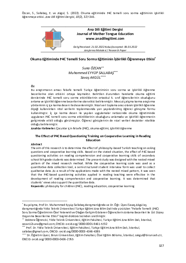 (PDF) Okuma Eğitiminde P4C Temelli Soru Sorma Eğitiminin İşbirlikli Öğrenmeye Etkisi