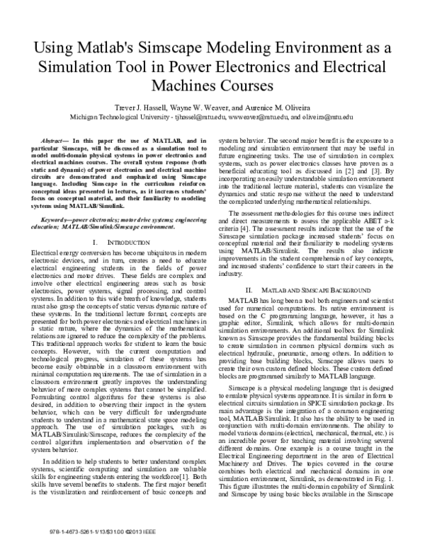Pdf Using Matlab S Simscape Modeling Environment As A Simulation Tool In Power Electronics And