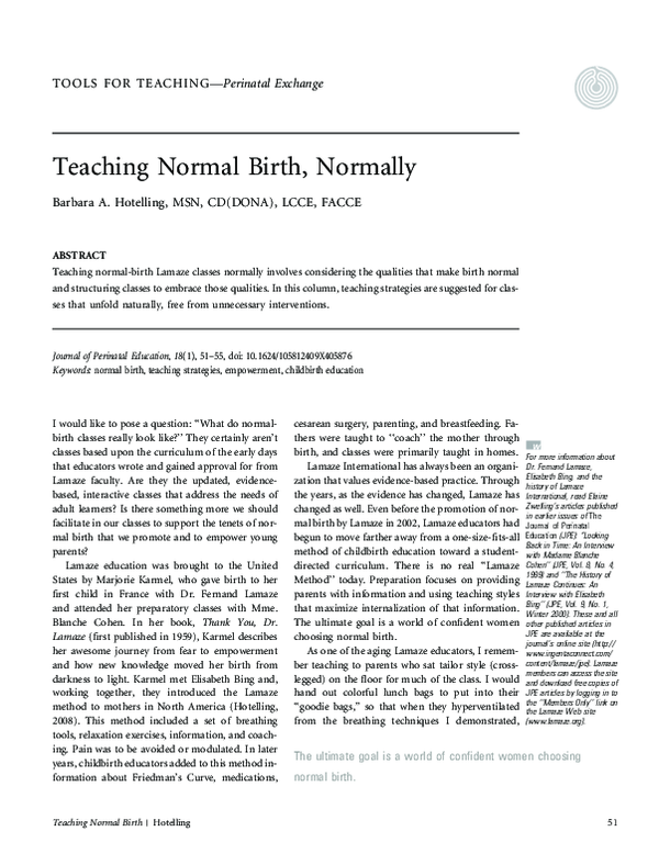 (PDF) Teaching Normal Birth, Normally | Barbara Hotelling - Academia.edu