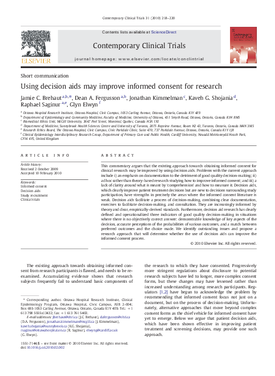 (PDF) Using decision aids may improve informed consent for research