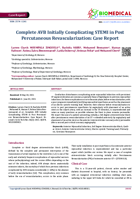 Pdf Complete Avb Initially Complicating Stemi In Post Percutaneous