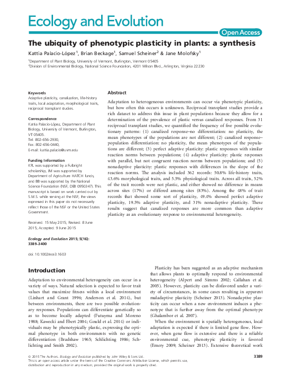(PDF) The ubiquity of phenotypic plasticity in plants: a synthesis | Jane Molofsky - Academia.edu