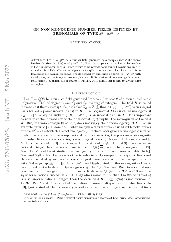 (PDF) ON NONMONOGENIC NUMBER FIELDS DEFINED BY TRINOMIALS OF TYPE xn+axm+b