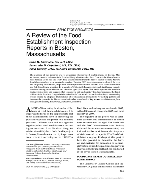 (PDF) A Review of the Food Establishment Inspection Reports in Boston ...