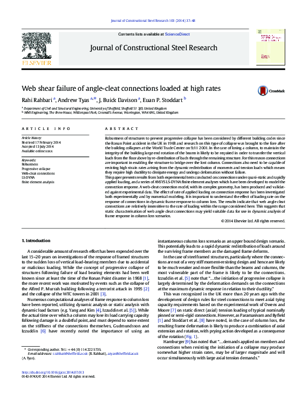 (PDF) Web shear failure of angle-cleat connections loaded at high rates