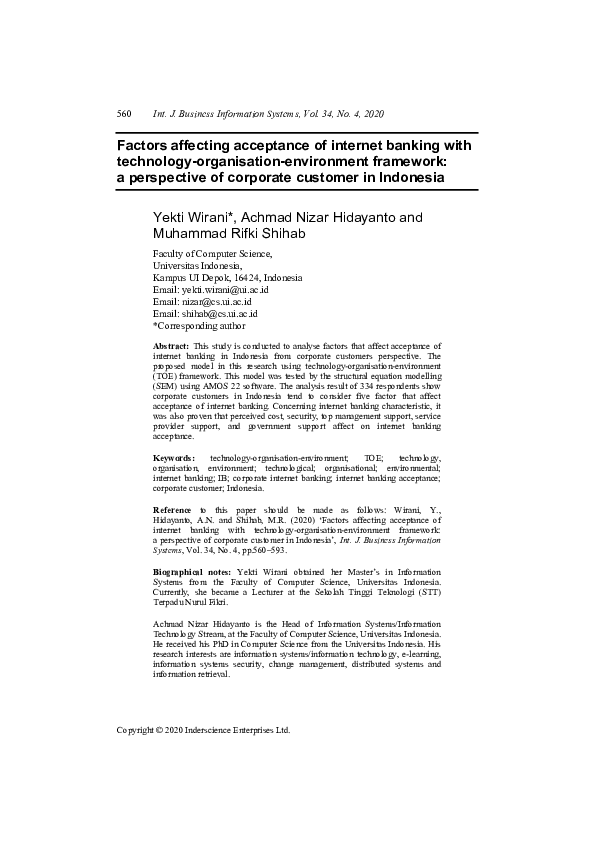 Factors Affecting Acceptance of Internet Banking With Technology-Organization-Environment ...