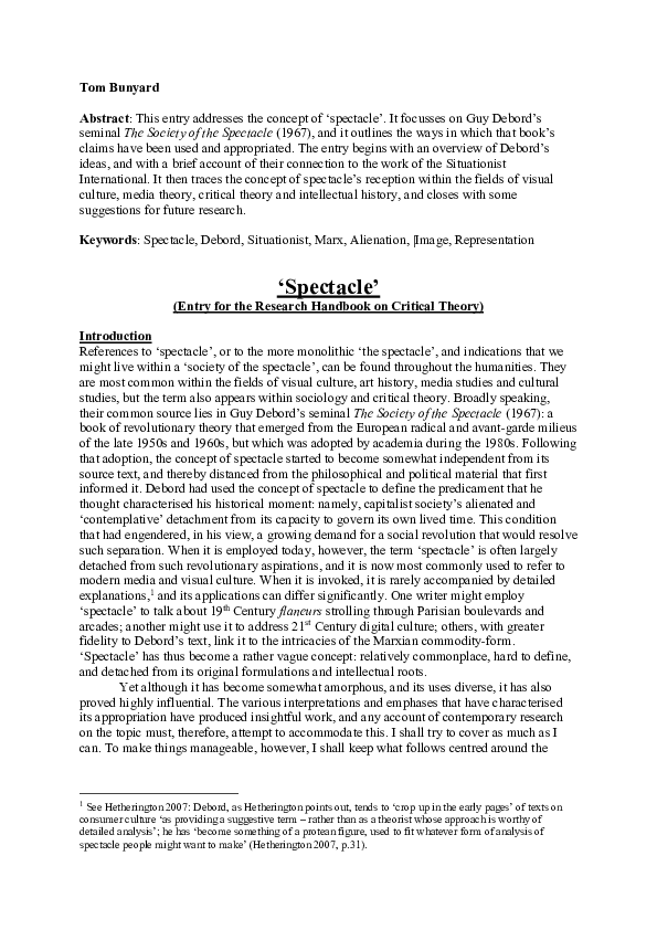 (PDF) "Spectacle" (critical theory encycloapedia entry - draft version)