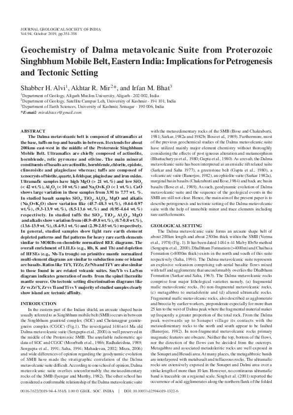 (PDF) Geochemistry of Dalma metavolcanic Suite from Proterozoic Singhbhum Mobile Belt, Eastern ...