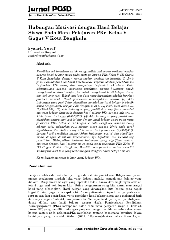(PDF) Hubungan Motivasi dengan Hasil Belajar Siswa Pada Mata Pelajaran PKn Kelas V Gugus V Kota ...