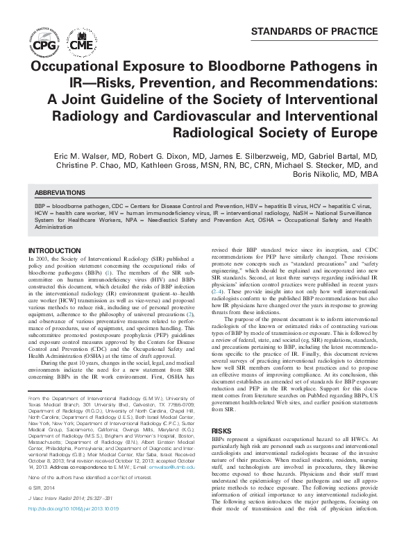 (PDF) Occupational Exposure to Bloodborne Pathogens in IR—Risks ...