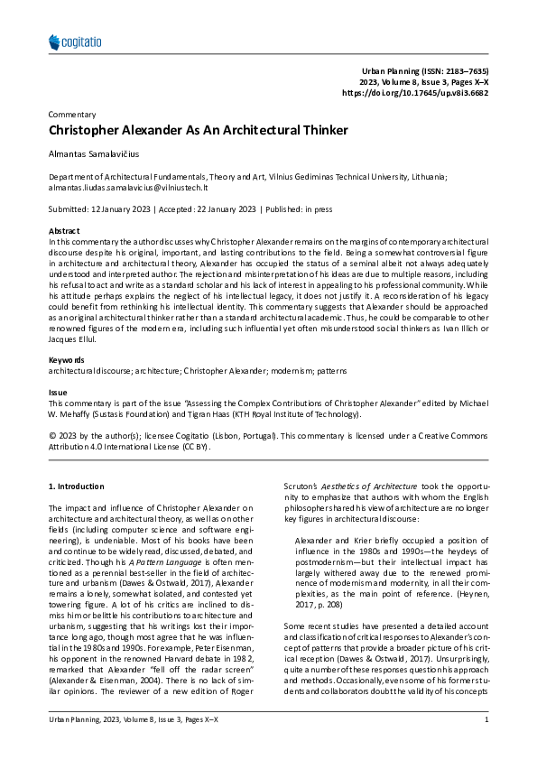(PDF) Christopher Alexander As An Architectural Thinker