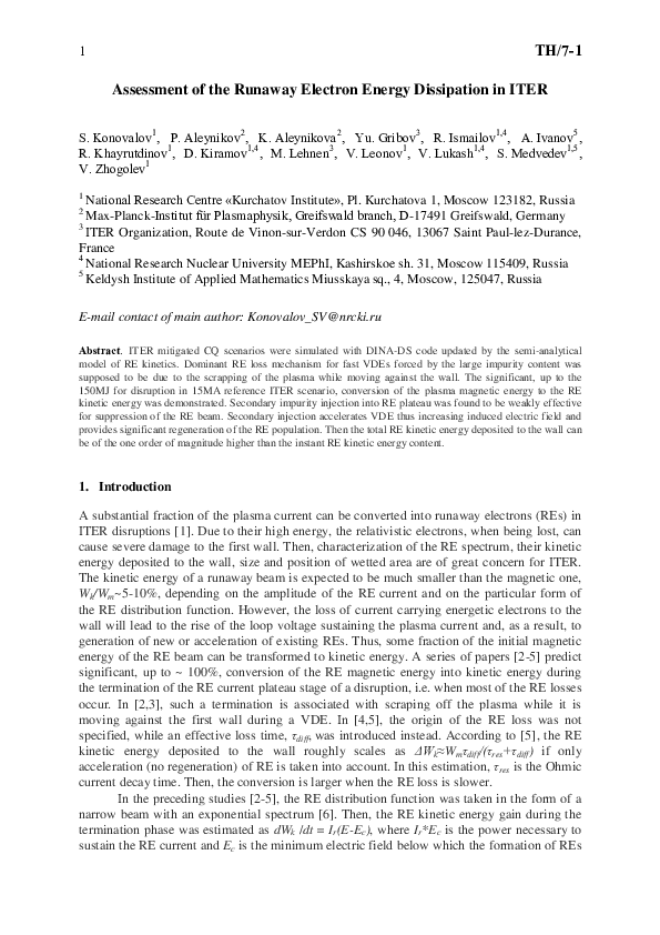 (PDF) Assessment of the Runaway Electron Energy Dissipation in ITER
