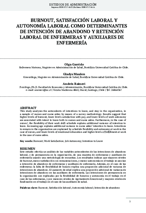 (PDF) Burnout, Satisfacción Laboral y Autonomía Laboral como ...