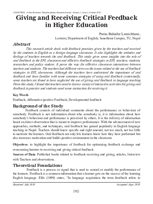 (PDF) Giving and Receiving Critical Feedback in Higher Education