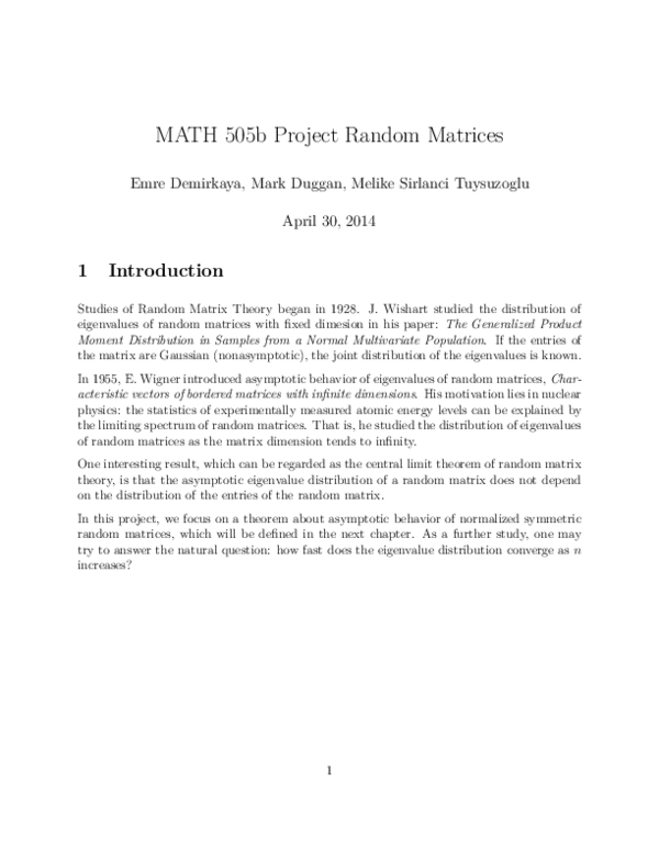 (PDF) MATH 505b Project Random Matrices