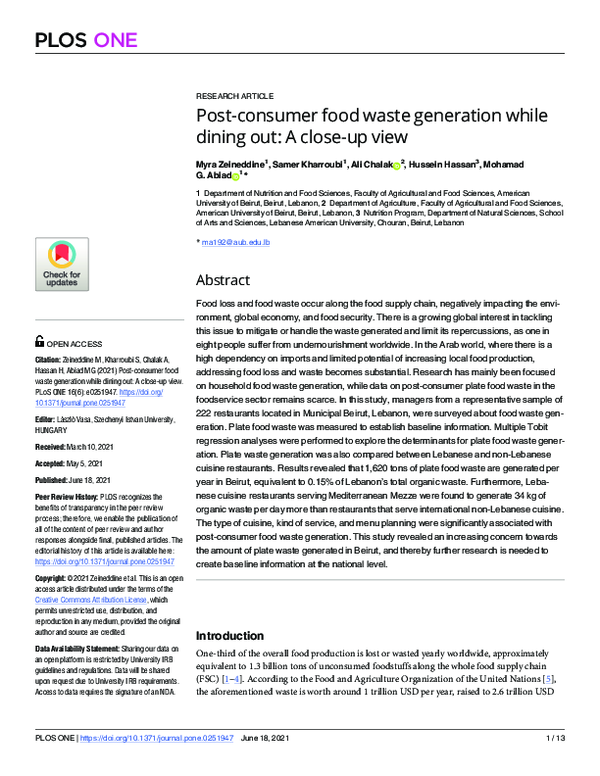 (PDF) Post-consumer food waste generation while dining out: A close-up view