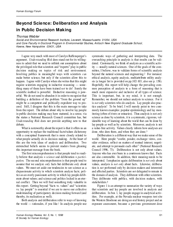 (PDF) Beyond Science: Deliberation and Analysis in Public Decision Making | tom webler ...