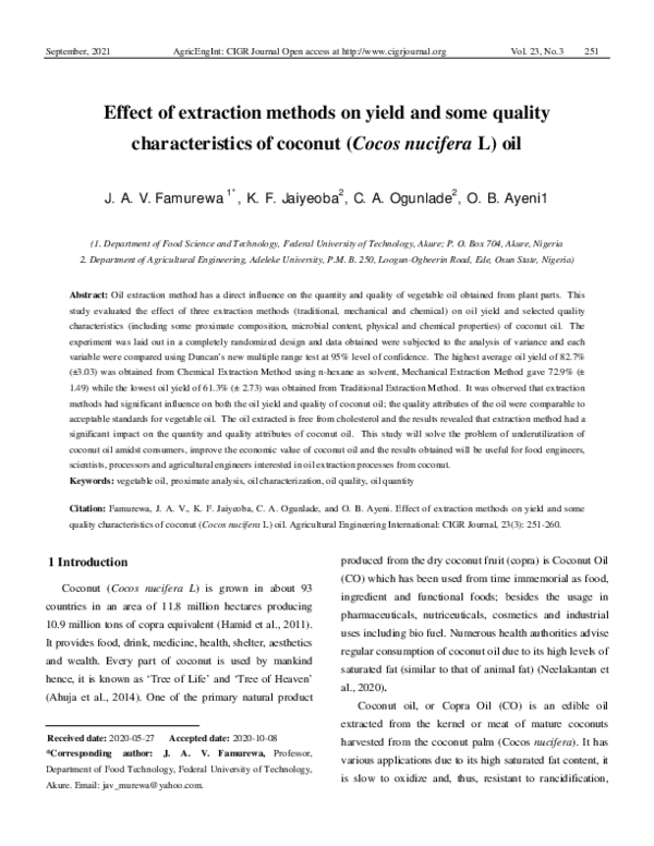 (PDF) EFFECT OF EXTRACTION METHODS ON YIELD AND QUALITY CHARACTERISTICS OF COCONUT (Cocos ...