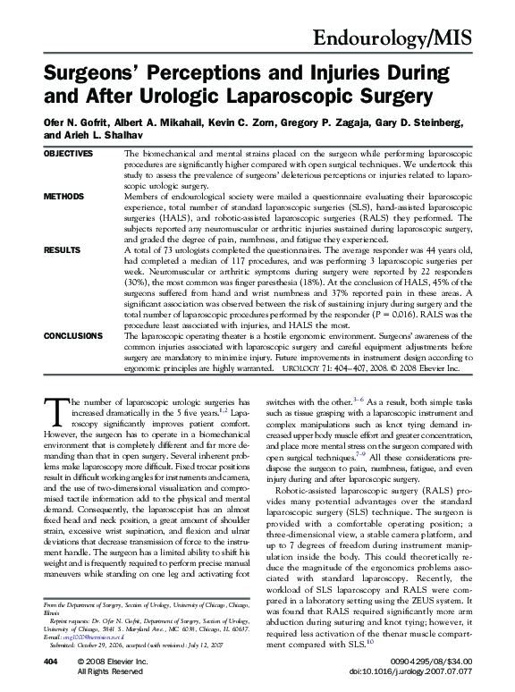 (PDF) Surgeons’ Perceptions and Injuries During and After Urologic Laparoscopic Surgery