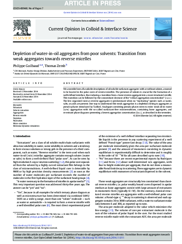 (PDF) Depletion of water-in-oil aggregates from poor solvents ...