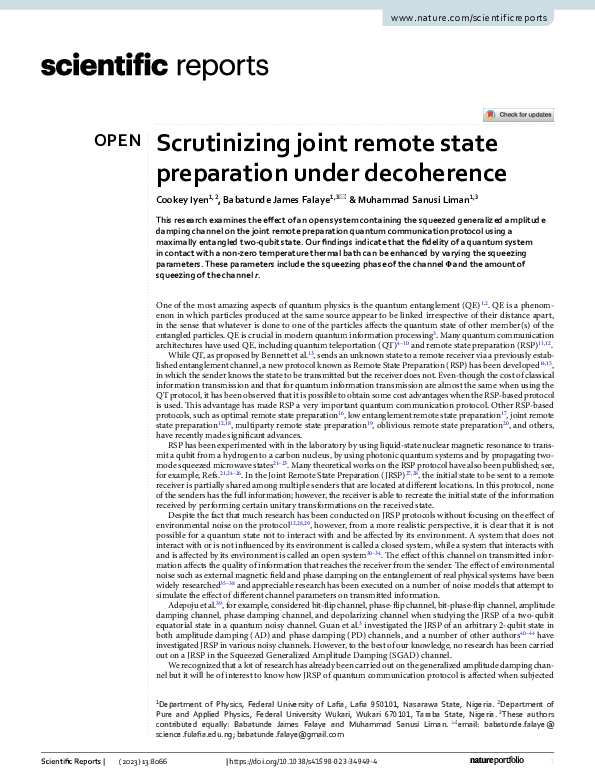 (PDF) Scrutinizing joint remote state preparation under decoherence