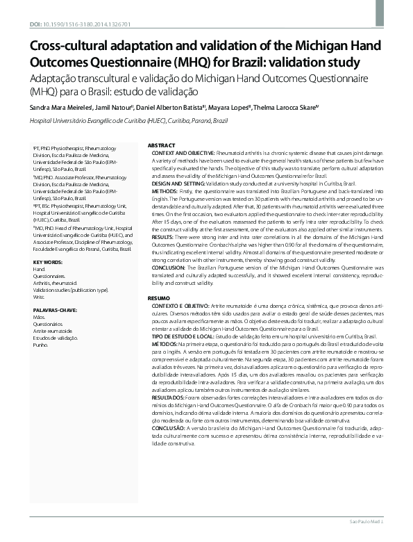 (PDF) Cross-cultural adaptation and validation of the Michigan Hand Outcomes Questionnaire (MHQ ...