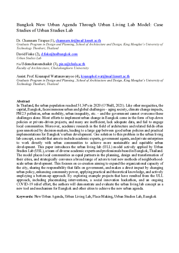 (PDF) Bangkok New Urban Agenda Through Urban Living Lab Model: Case Studies of Urban Studies Lab