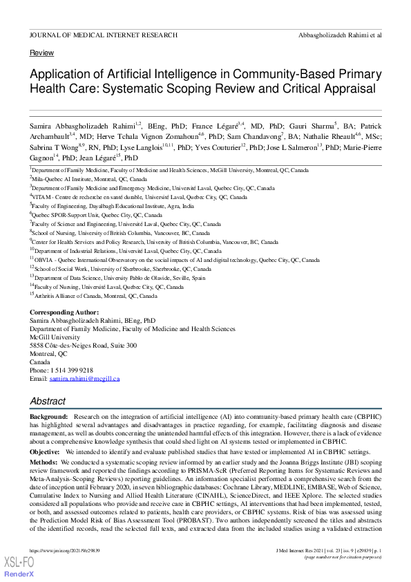 (PDF) Application of Artificial Intelligence in Community-Based Primary Health Care: Systematic ...