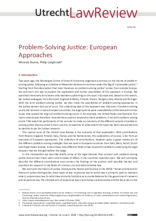 (PDF) Editorial Problem-Solving Justice: European Approaches | Philip ...