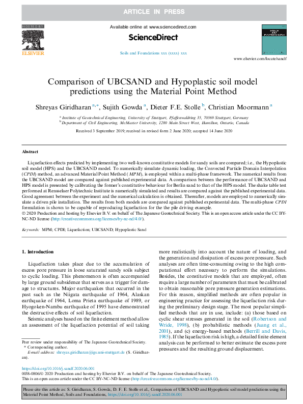 (PDF) Comparison of UBCSAND and Hypoplastic soil model predictions using the Material Point Method