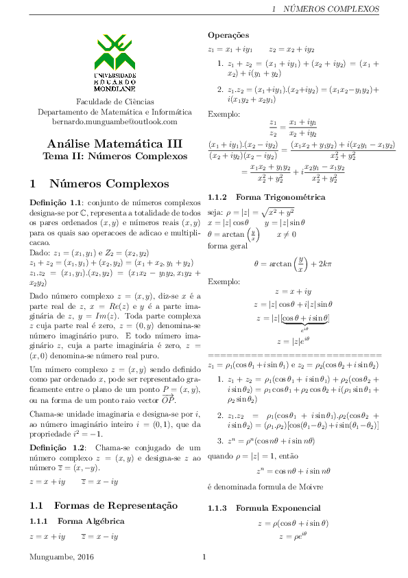 (PDF) Análise Matemática III Tema II: Números Complexos 1 Números Complexos
