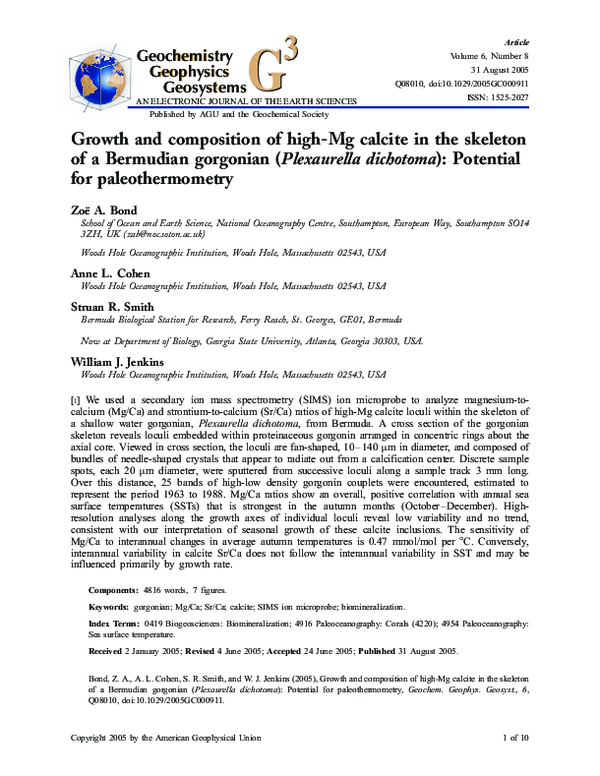 (PDF) Growth and composition of high‐Mg calcite in the skeleton of a ...