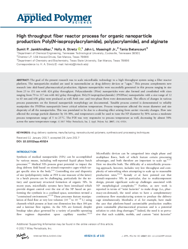 (PDF) High throughput fiber reactor process for organic nanoparticle ...