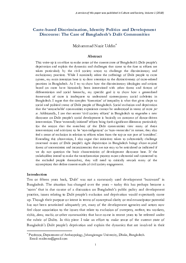 (PDF) Caste-based Discrimination, Identity Politics and Development Discourse: The Case of ...