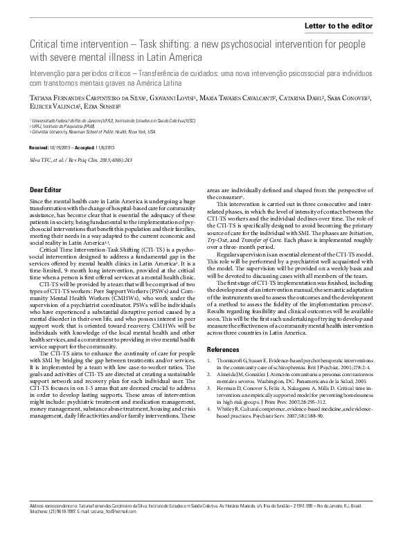 (PDF) Critical time intervention - Task shifting: a new psychosocial ...